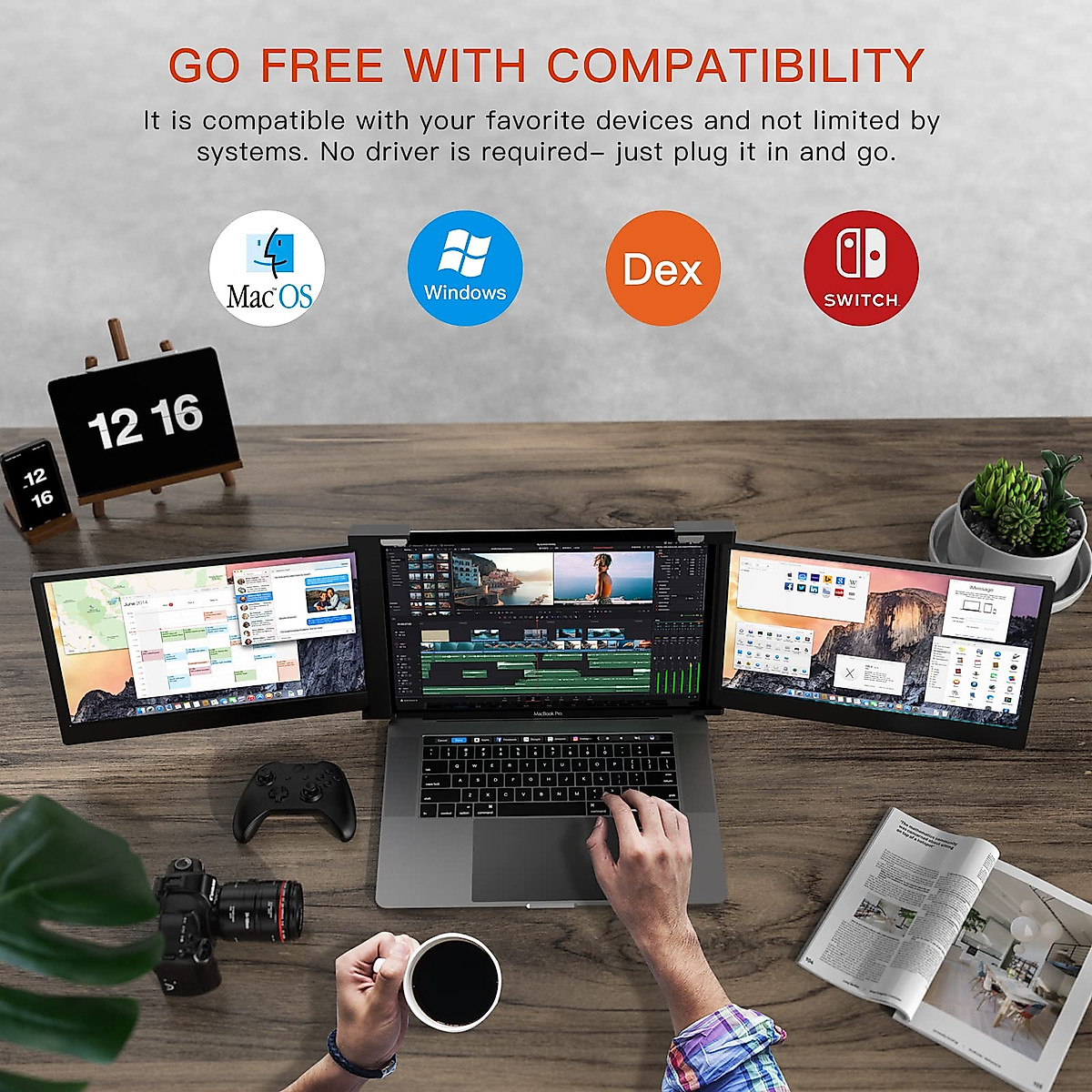 L LIMINK S19 Portable Triple Monitor for 15-17 Inches Laptops | 14" FHD 1080P IPS Dual Screens Extender with Kickstand | 72% NTSC | HDR | Compatible with Mac, Windows | Powered by USB-C & HDMI