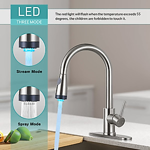 Qomolangma LED Kitchen Faucet with Pull Down Sprayer, Brushed Nickel Single Handle Kitchen Sink Faucet with Pull Out Sprayer, Stainless Steel