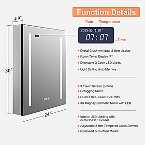 VANIRROR LED Mirror Medicine Cabinet with Lights,24x30 Lighted Bathroom Cabinet with Mirror,Recessed or Surface,Clock Room Temp Display,Defog,3X Zoom Mirror,Outlets & USB