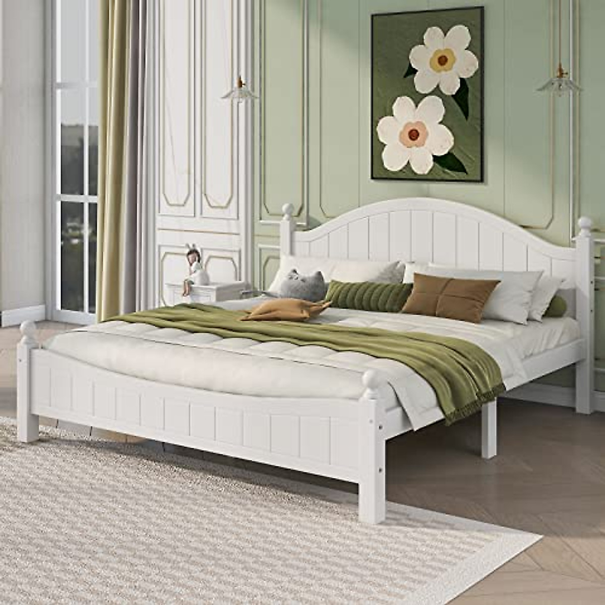 Harper & Bright Designs King Size Platform Bed with Headboard and Footboard,Solid Wood White King Bed Frames with Slat Support, Traditional Concise Style Single King Bed for Teens Adults, White