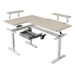 bilbil L Shaped Electric Standing Desk with Drawer, 62x47 Inches Adjustable Height Sit Stand Up Desk with Storage Shelf, Pale Pearwood Top/White Frame