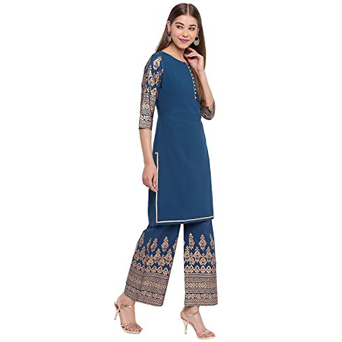 Janasya Women's Blue Foil Printed Poly Crepe Kurti With Palazzo