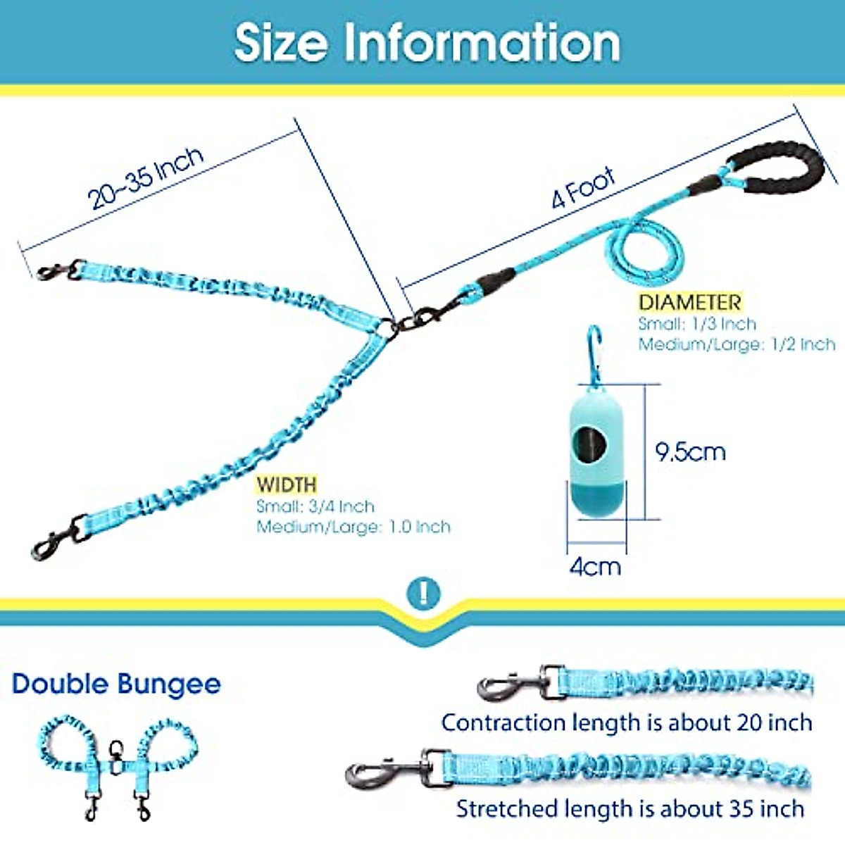 BAAPET Double Dog Leash, 4 FT Rope Dog Leash with Tangle Free Shock Absorbing Bungee and Poop Bags for Dual Small Medium Large Dogs (Medium/Large, Blue)