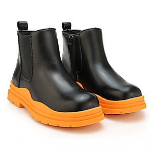 Hawkwell Boys Girls Low Heels Ankle Boots Unisex Kids Side Zipper Chelsea Booties (Toddlers/Little Kids/Big Kids),Black Orange PU 6 M US