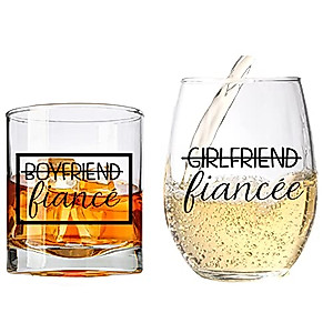 COOL AF Boyfriend and Girlfriend Wine and Whiskey Glass Gift Set - Engagement Gifts for Couples - Fiance Fiancee Gift for Him and Her - His and Hers Glasses For Mr and Mrs Bride and Groom to be