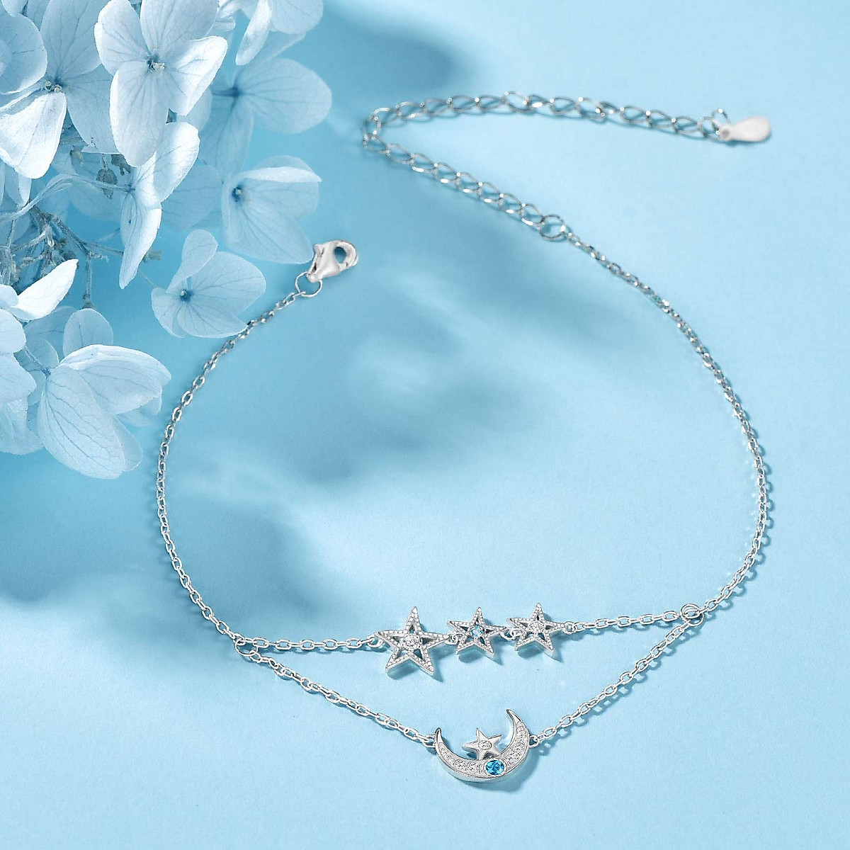 ATTRACTTO Moon Star Ankle Bracelets for Women 925 Sterling Silver Layered Anklets Sea Beach Adjustable Foot Ankle Jewelry Gifts for Teen Wife Girls (Moon Star Ankle)