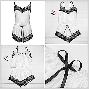 DONKWACHA84 Women's Sexy Sleeveless Silk Lace Trim 2 Piece Pajama Sets L, White