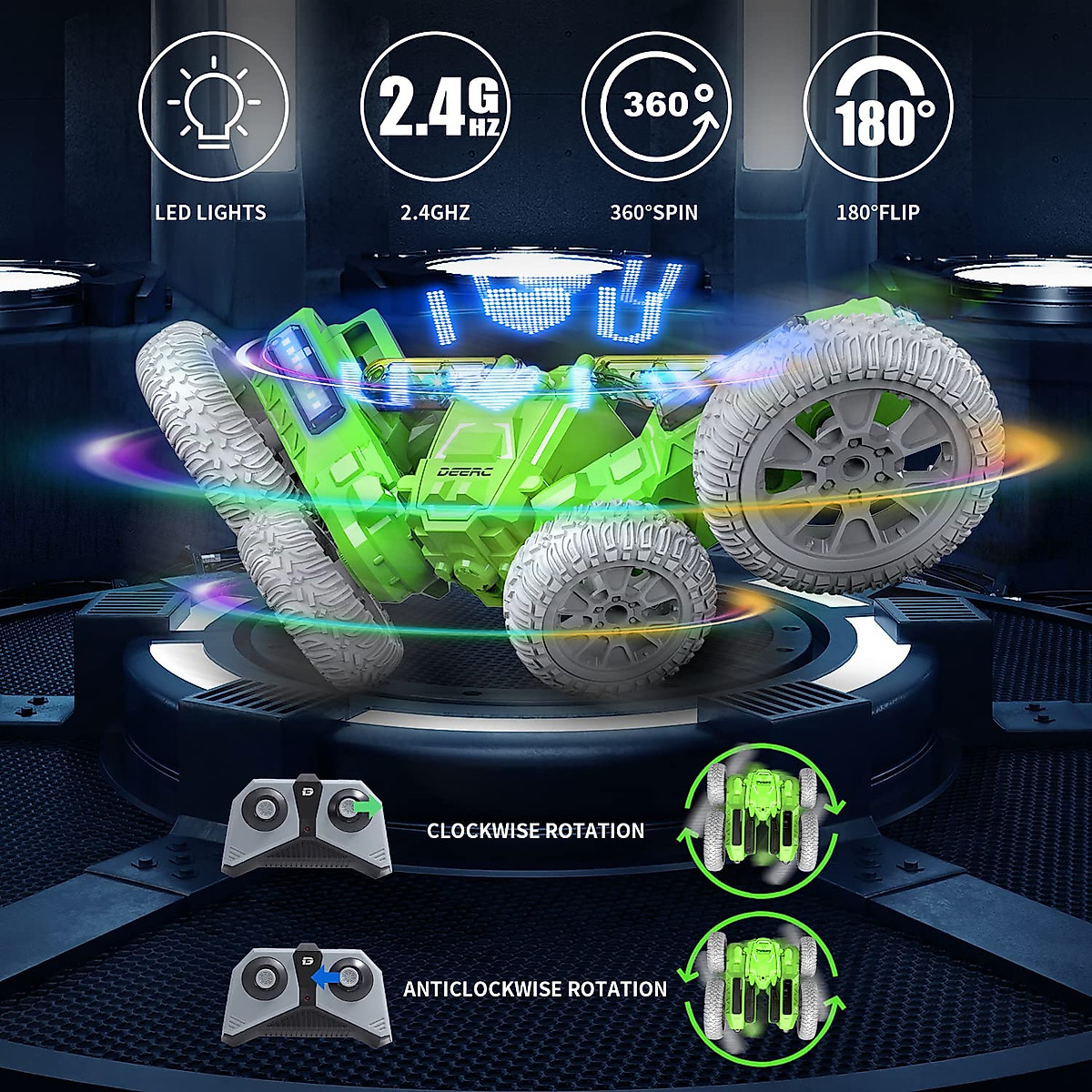 DEERC RC Stunt Car W/Flashing Lights,360 Degrees Tumbling & Rotating W/Novelty Luminous Words,4WD Drift High Speed RC Car,2 Sided Remote Control Car for Boys, 2.4G Crawler Toy Gifts for Kids