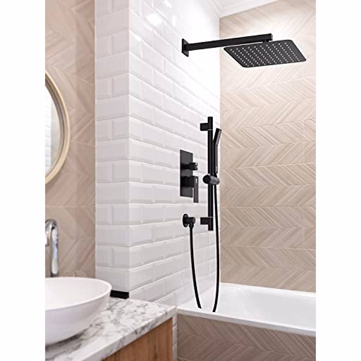 SR SUN RISE 12 Inch Slide Bar Shower Faucet Luxury High Pressure Shower Heads and Handheld Spray Combo Set Wall Mounted Shower System Included Valve and Trim Kit, Matte Black