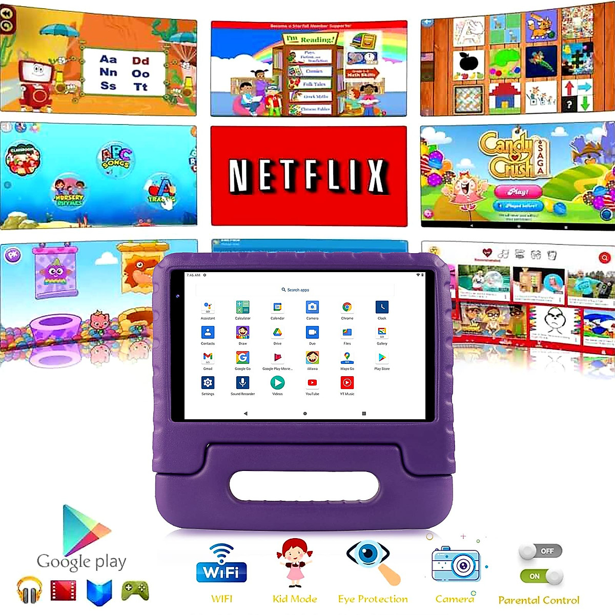 FACETEL Kids Tablet 8 inch Android 13 Tablet for Kids 7GB RAM 64GB ROM TF 512GB Parental Control, Puzzle Game, Bluetooth, Education, Dual Camera, Toddler Tablet with 3600mAh Netflix YouTube, Purple