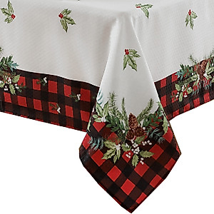 Lintex Aspen Red Black Plaid and Garland Bordered Christmas Tablecloth, Cottage Check Bordered Xmas and Holiday Print Easy Care Fabric Tablecloth, 70 Inch Round