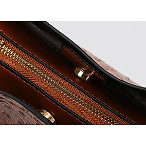 Patent Strap Shoulder Bags Ostrich Pattern Handbags 3pcs Hobos with Matching Wallet Tote Purse (Brown)