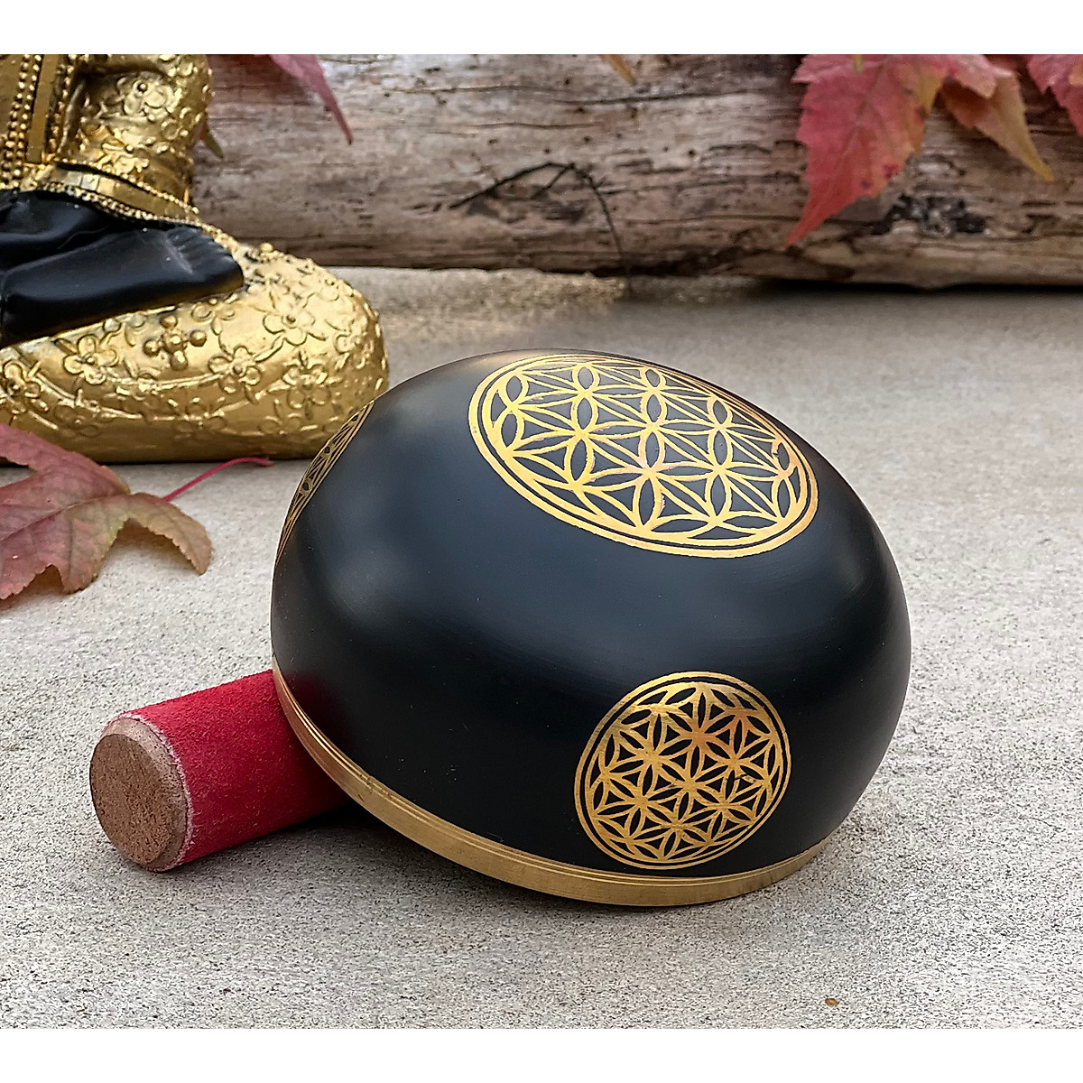 Tibetan Flower Of Life Singing Bowl Mallet Cushion Set ~ For Meditation, Yoga, Spiritual Healing and Mindfulness ~ Medium (Black)