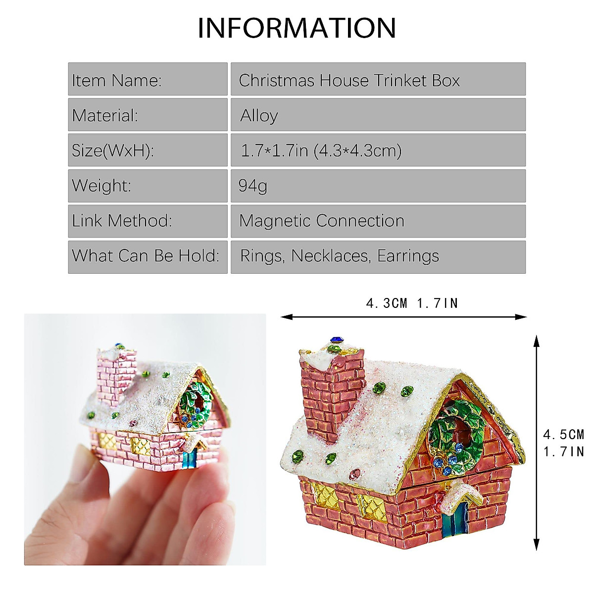 YU FENG Christmas House Figurine Trinket Boxes Hinged Rhinestones Jeweled Enamel Jewelry Ring Ornament Metal Colorful Box