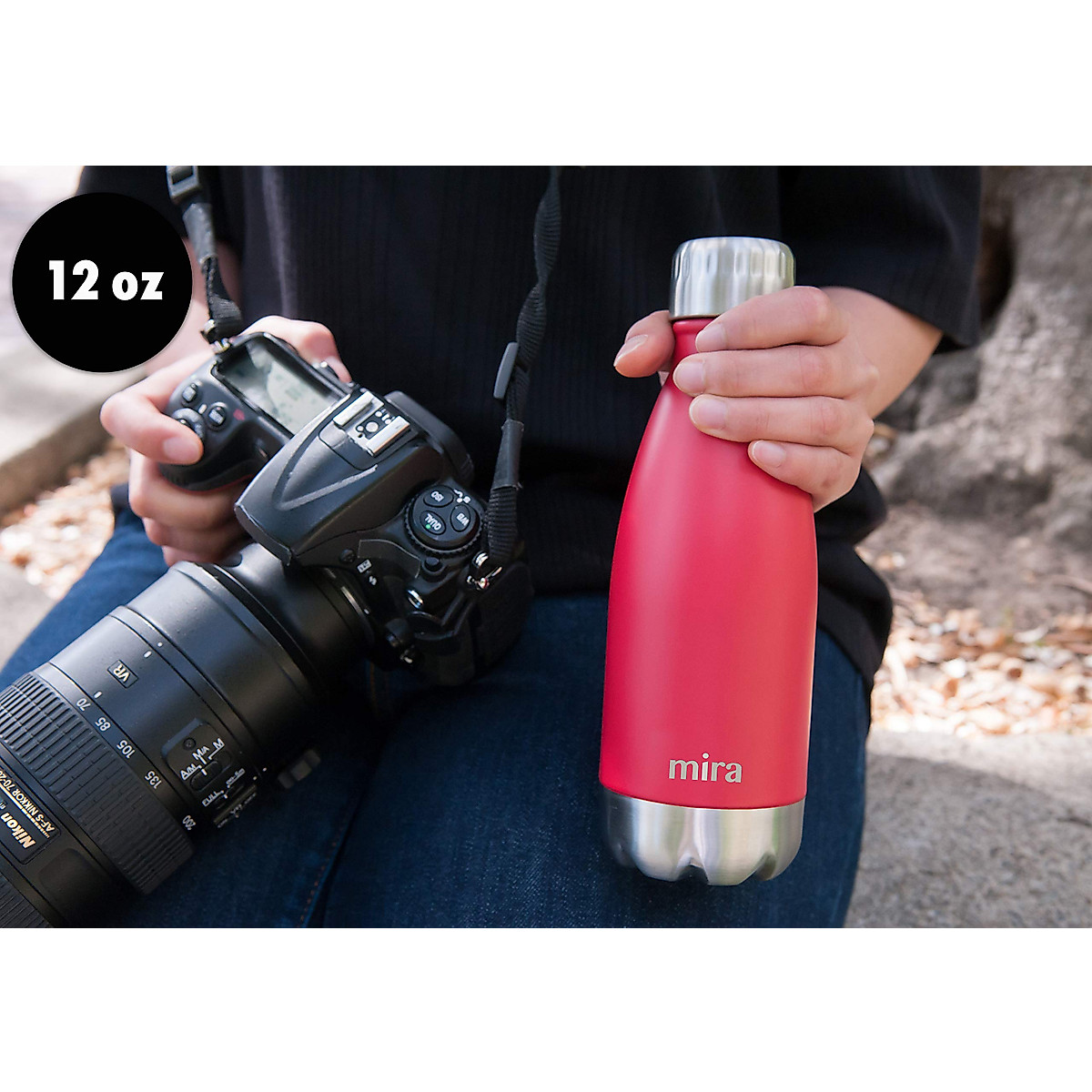 MIRA 12 oz Stainless Steel Vacuum Insulated Water Bottle - Double Walled Cola Shape Thermos - 24 Hours Cold, 12 Hours Hot - Reusable Metal Water Bottle - Kids Leak-Proof Sports Flask - Matte Black
