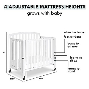 DaVinci Dylan Folding Portable 3-in-1 Convertible Mini Crib and Twin Bed in White, Greenguard Gold Certified