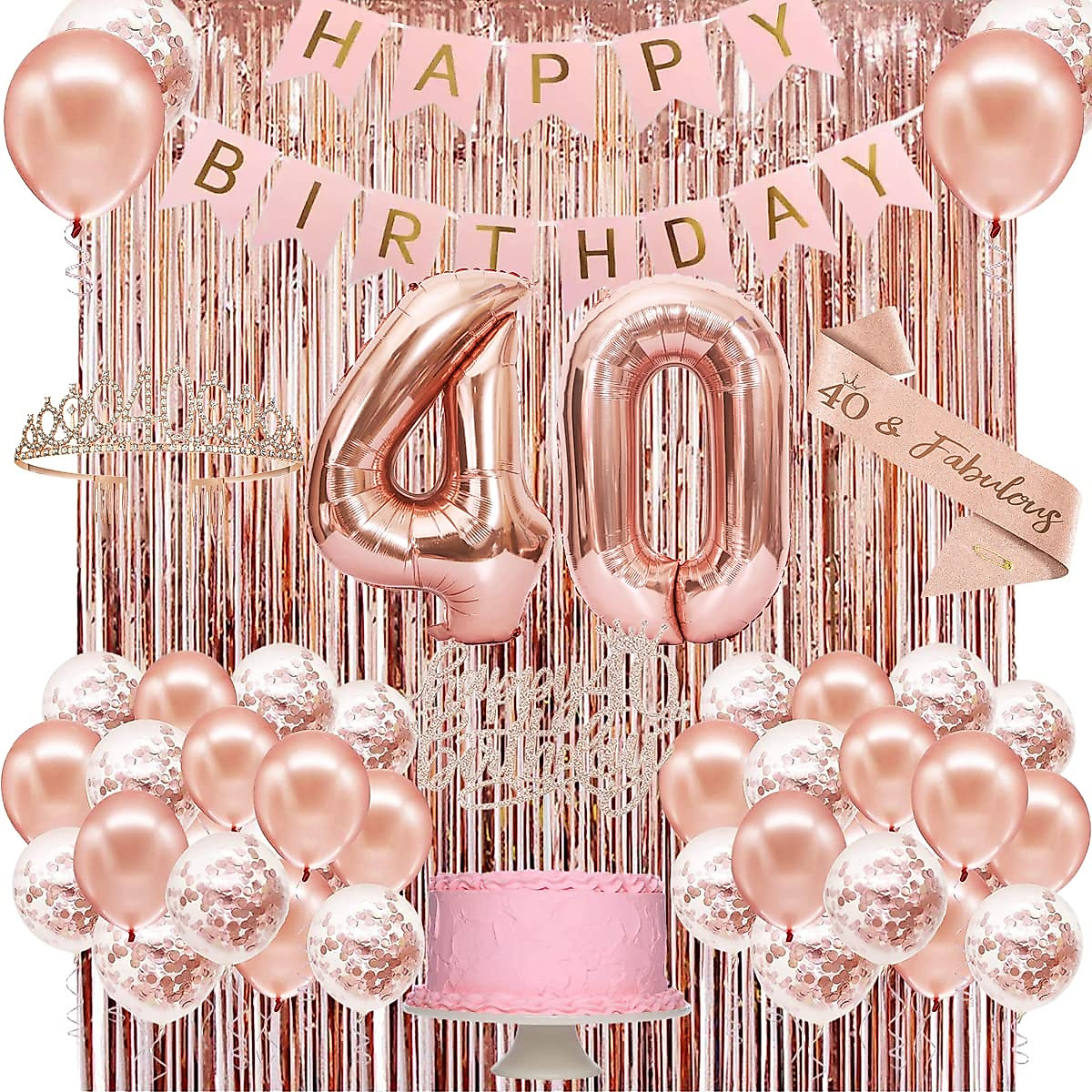 40th Birthday Decorations Women, Happy 40th Birthday Banner, Crown, Sash, Cake Topper And Number Balloon, Rose Gold 40 Birthday Party Decorations For Women