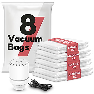 VMstr Travel Vacuum Storage Bags with Electric Pump, 8 Combo Vacuum Sealed Bags for Clothes and Clothing, Space Saver Bags and Luggage Packing Compression.