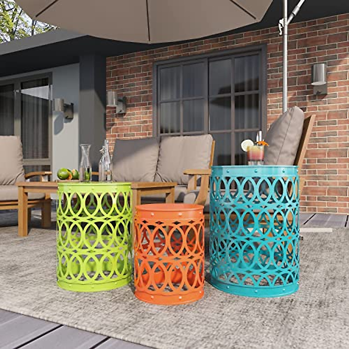 Deco 79 Metal Indoor Outdoor Nesting Accent Table with Carved Trellis Design, Set of 3 22", 18", 15"H, Multi Colored