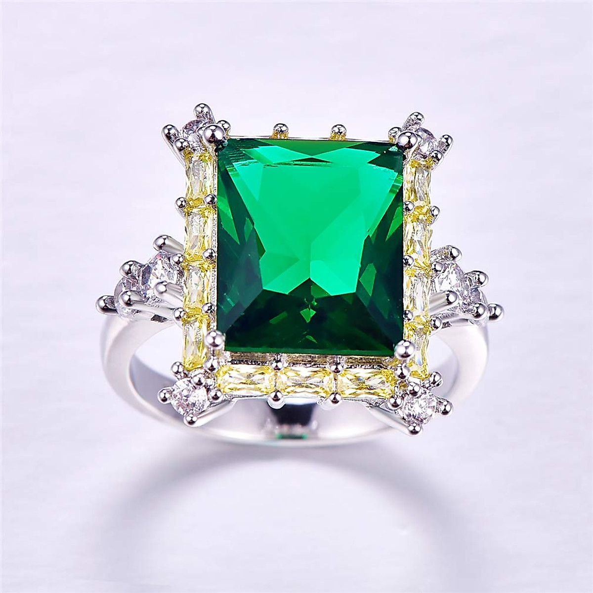 YAZILIND Princess Cut Big Square Green Cubic Zirconia Rhinestone Wedding Ring Silver Plated Women Engagement Jewelry Party Gift(Size 6)