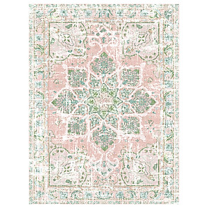 Vhong Boho Area Rugs Vintage Washable Neutral Modern Dusty Pink and Green 5x7 Non Slip Carpet for Nursery Living Room Dining Room Bedroom Farmhouse Girls'Room