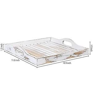 MyGift Whitewashed Wood Large Ottoman Tray with Handles, 11 X 11 Square Slatted Design Breakfast Coffee Table Tray, Set of 2 Serving Tray