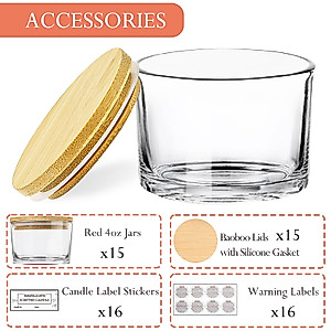 CONNOO 15 Pack 4 OZ Clear Glass Candle Jars with Airtight Bamboo Lids for Making Candles, Bulk Small Wide Mouth Empty Candle Containers with Sticky Warning Labels - Dishwasher Safe