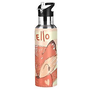OREZI Hand Drawn Cute Fox Water Bottle Thermos with Straw Lid for Boys Girls,600 ml,Leakproof Stainless-Steel Sports Bottle for Women Men Teenag