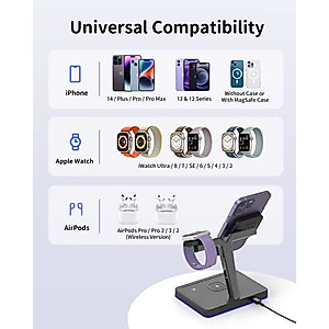 JoyGeek Mag Safe Charger with Stand, Magnetic iPhone Charger, 3-in-1 Wireless Charging Station for Apple iPhone 14/13/12 Series, iWatch Ultra/8/7/6, Airpods Pro, Upgraded Strong Magnets, More Stable