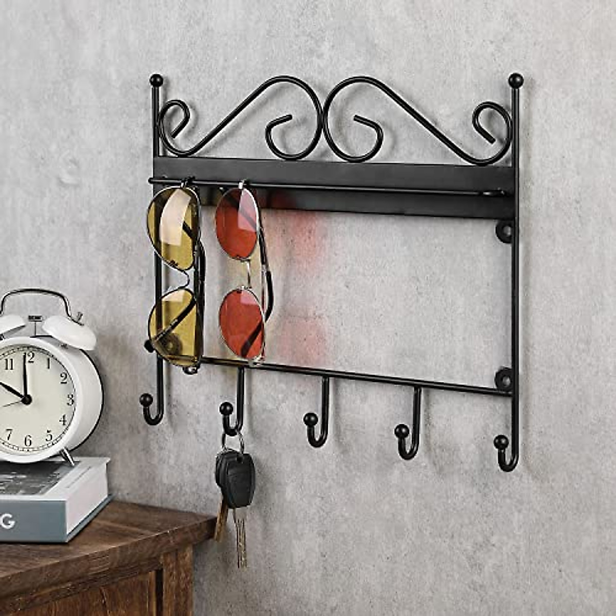 MyGift Wall Mounted Black Metal Wire Hanging Sunglasses Display Holder and Key Rack Organizer with 5 Hooks and Scrollwork Design
