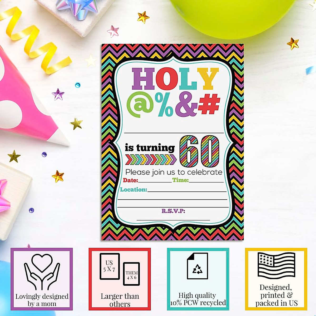 HOLY @% 60th Birthday Party Invitations, 20 Funny 5x7 Fill In Cards with Twenty White Envelopes for Milestone Birthdays by AmandaCreation
