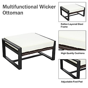 LOKATSE HOME 5 Pieces Patio Furniture, Outdoor Conversation Sets Rattan Wicker Chairs with Soft Cushion, Ottomans and Coffee Table for Balcony Poolside Front Porch Deck, Beige