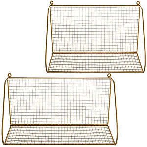 MyGift Metal Mesh Wall Hanging Storage Shelves, Wall-Mounted Gold-Tone Perforated Decorative Shelves, Set of 2