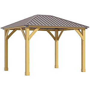 10x12 FT Modern Patio Pavilion Grill Gazebo, Permanent Metal Roof Waterproof Pergola, Galvanized Steel Gazebo with Wooden Frame for Garden Patio Backyard Party Deck Lawn
