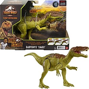Mattel Jurassic World Camp Cretaceous Roar Attack Baryonyx Limbo Dinosaur Action Figure Toy with Strike Feature and Sounds