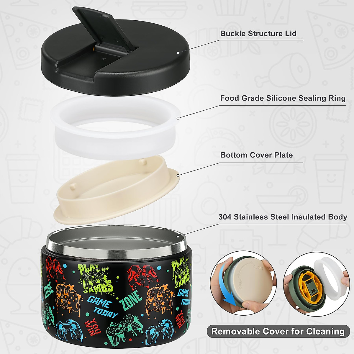 LOHASOK 12oz Kids Soup Thermo for Hot Food Insulated Vacuum Food Jar with Buckle Lid, Stainless Steel Wide Mouth Leak Proof Lunch Container for School Travel 1 Pack, FOOD JAR-HGAME-10 OZ