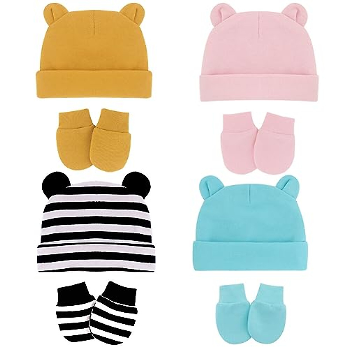 8PCS Newborn Baby Hats and Mittens Set Cute Bear Ear Beanies No Scratch Mitten Warm Elastic Infants Hats 0-12 Months