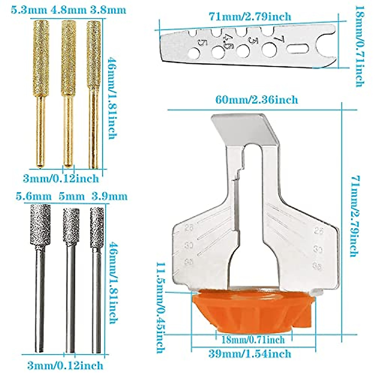yuentoen 8Pcs Chainsaw Sharpening Attachment Kit with Angle Guide and Diamond Burr Grinding Stone Files Blade Teeth Sharpener Set, Drill Power Tool Accessories