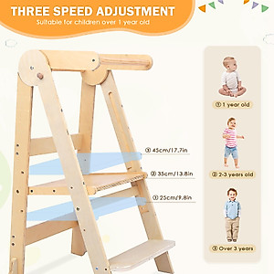 TZnponr Toddler Step Stool, Foldable Montessori Learning Tower,3-Level Height Adjustable Kitchen Step Stool with Safety Rails & drawing board,Easy to Assemble for Counter, Kitchen, Bathroom