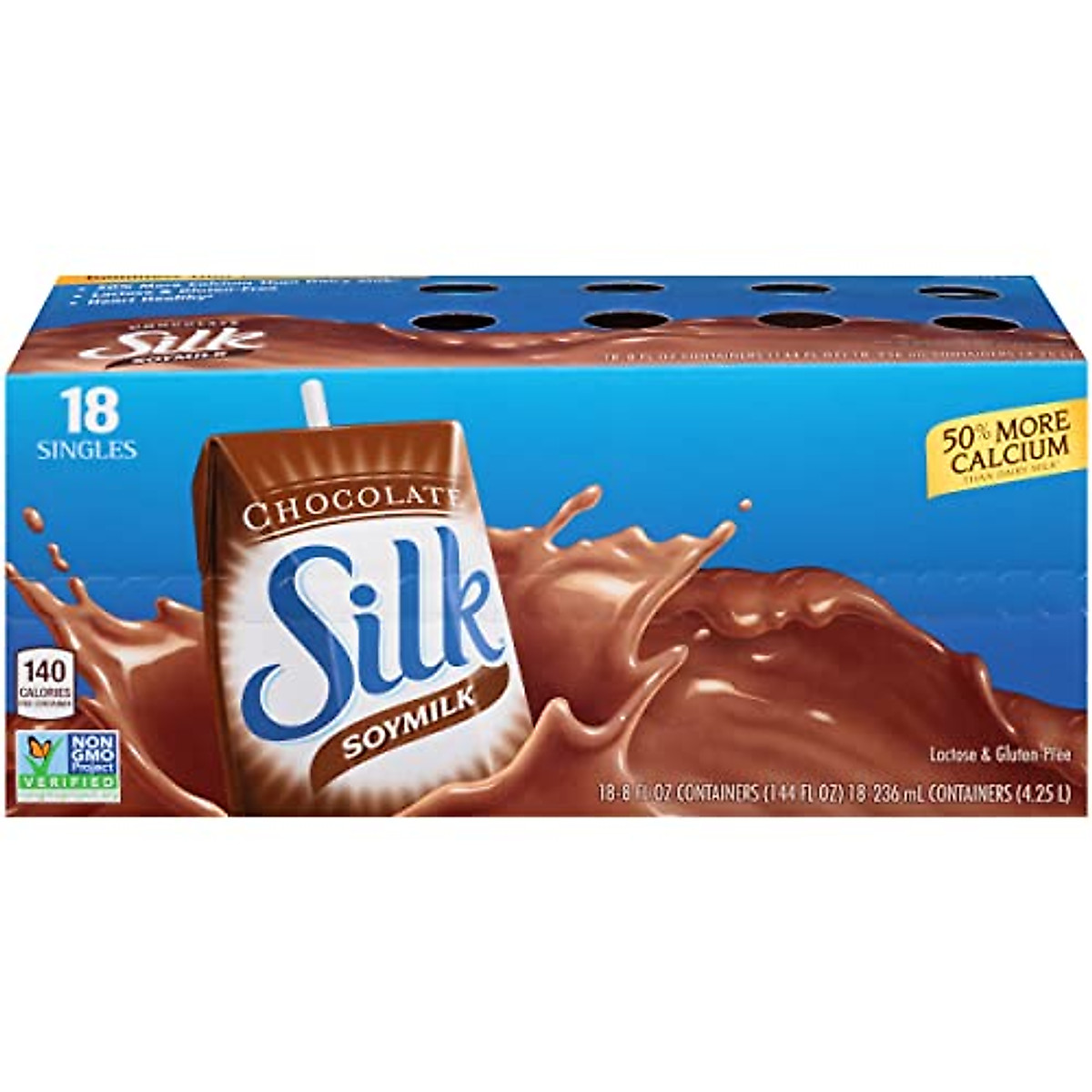 Silk Shelf-Stable Soy Milk Singles, Chocolate, Dairy-Free, Vegan, Non-GMO Project Verified, 8 Fl oz (Pack of 18)