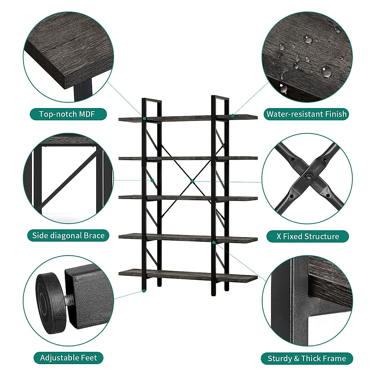 YITAHOME Book Shelf，5 Tier Bookcase, 12" D x 47" W x 71" H Large Industrial Shelf Storage Organizer for Living Room, Bedroom,Home Office, Free Standing Storage Shelving Unit, Charcoal Gray + Black