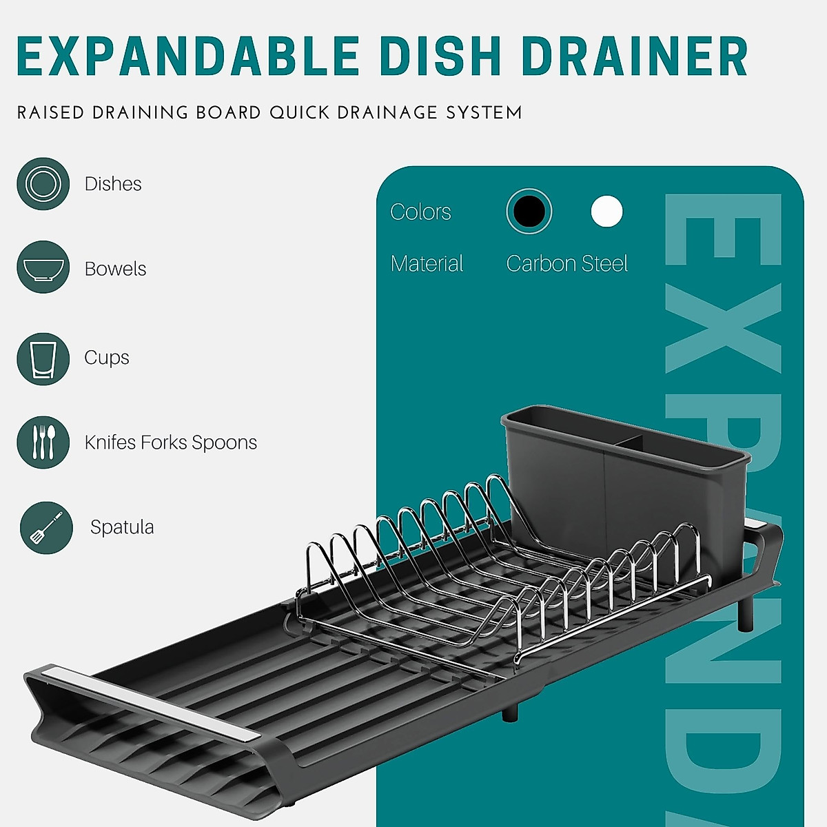 E-ROOM TREND Extendable Dish Drying Rack, Multifunctional Dish Rack for Kitchen Counter, Anti-Rust Drying Dish Rack with Cutlery Holders 18.6" L x 7.9" W, Black(DR402B)