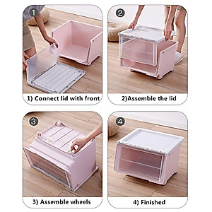 Shozafia Plastic Storage Bins for Toys, Stackable Storage Containers with Lids Front Opening, Clear Storage Box with Wheels. (White,3 Pack Large)