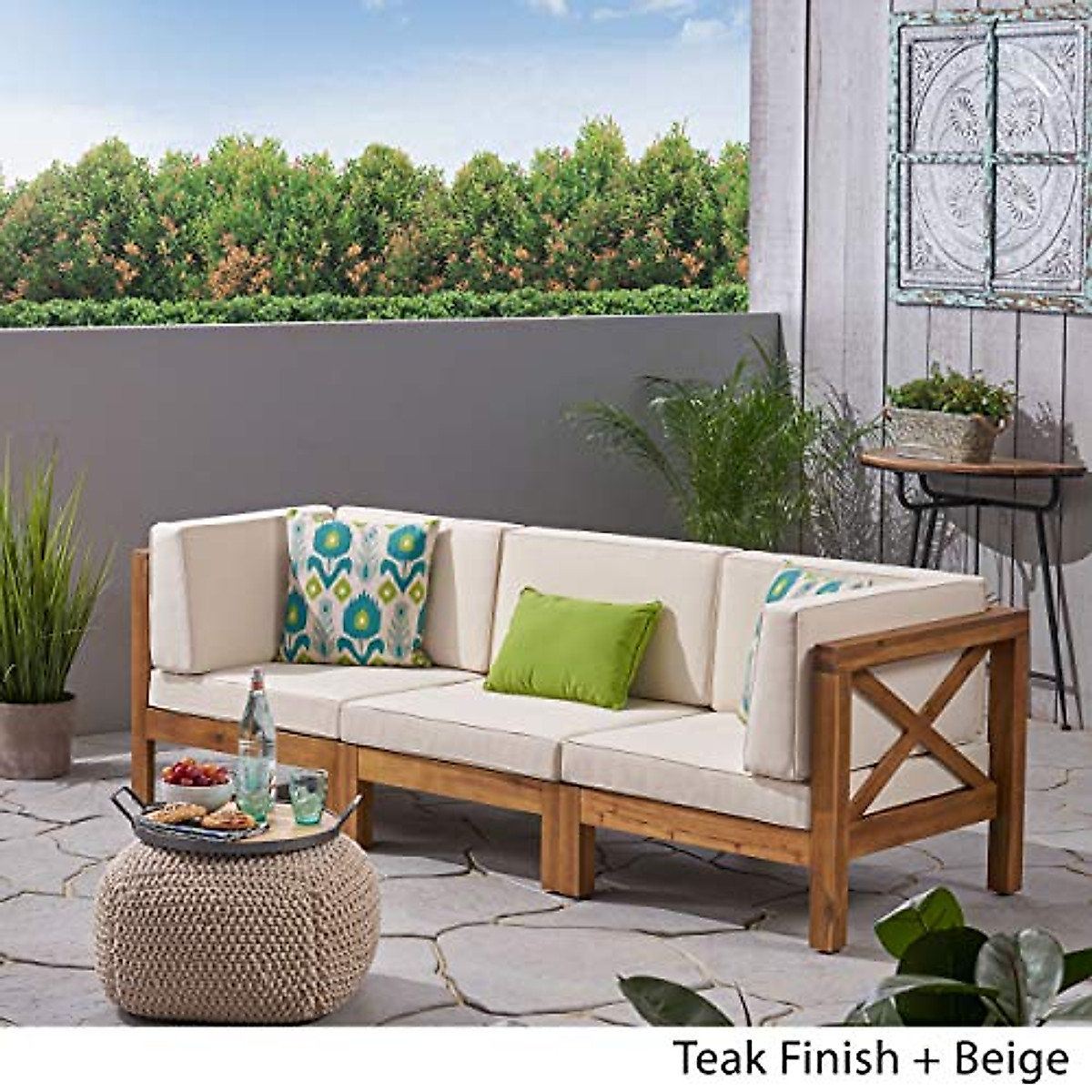 Great Deal Furniture Keith Outdoor Sectional Sofa Set | 3-Seater | Acacia Wood | Water-Resistant Cushions | Teak and Beige