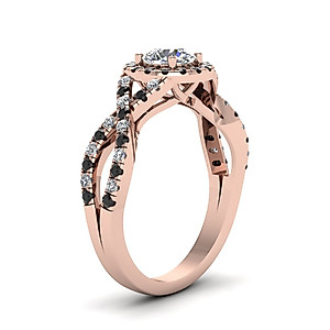 Entwined Halo Diamond Ring rose gold plated Natural Black Onyx Round shape Black color Halo Engagement Rings prong setting in Size 8 Lightweight Office Wear Everyday Gift Jewelry
