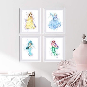 Princess Room Decor Wall Art,Watercolor Princess Decor For Girls Room,Ariel Jasmine Cinderella Belle, Princess Wall Decor For Girls Bedroom or Nursery,(8x10) Set of 4 Prints Unframed