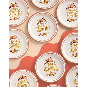 xo, Fetti Thanksgiving Gold Foil Plates - 25 count | Give Thanks Decorations, 9" Dinner Plate, Autumn Leaves, Pumpkins, Fall Table Decor