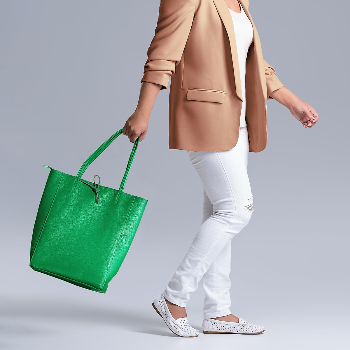 TAKEASY Italian Genuine Leather Tote Bag for Women with Zipper Large Tall Soft Unlined Handbag Purse for Shopping Work Travel (Green)