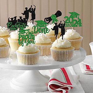 24 Pack Class of 2024 Cupcake Toppers Glitter Congrats 2024 Done Diploma Cupcake Picks for So Proud of You 2024 Graduation Theme Cake Decorations Party Supplies Green Black