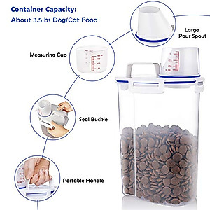 Kytely Upgraded Airtight Pet Food Storage Container, Small Dog Food Container with Measuring Cup, Cat Food Storage Container with Pour Spout, 4 Seal Buckles Food Dispenser for Regular Food, Dogs, Cats, Birds (White)
